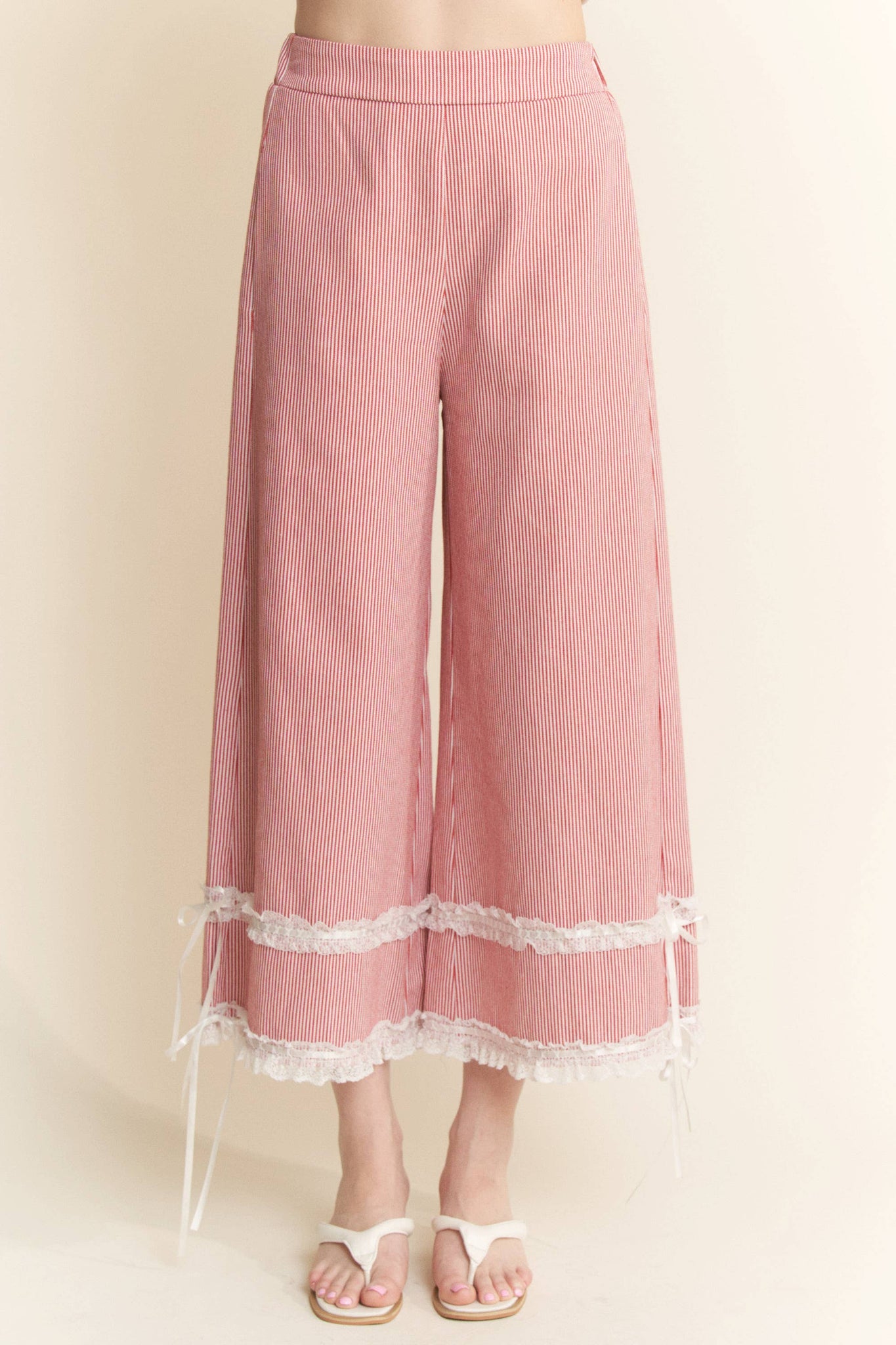 RED WASHED STRIPE RUFFLE LACE BOTTOM CROPPED PANTS – Styled Reverie